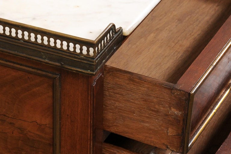 Pair of French Brass Gallery and Marble Top Mahogany Side Chests, Early ...