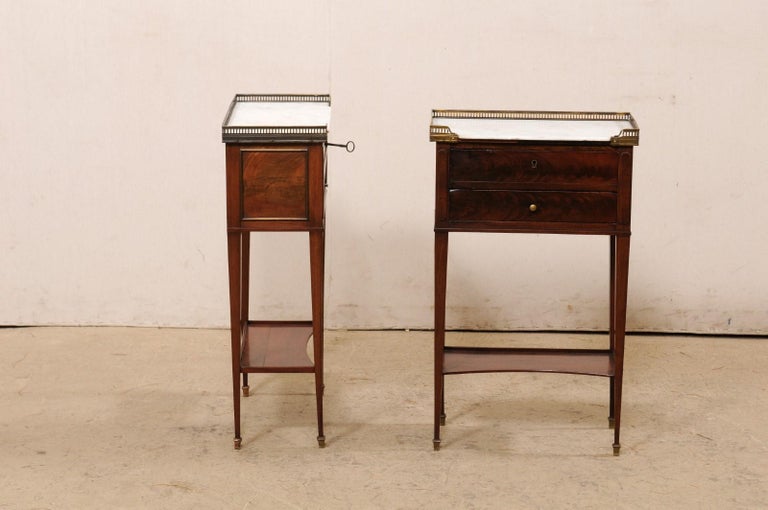 Pair of French Brass Gallery and Marble Top Mahogany Side Chests, Early ...