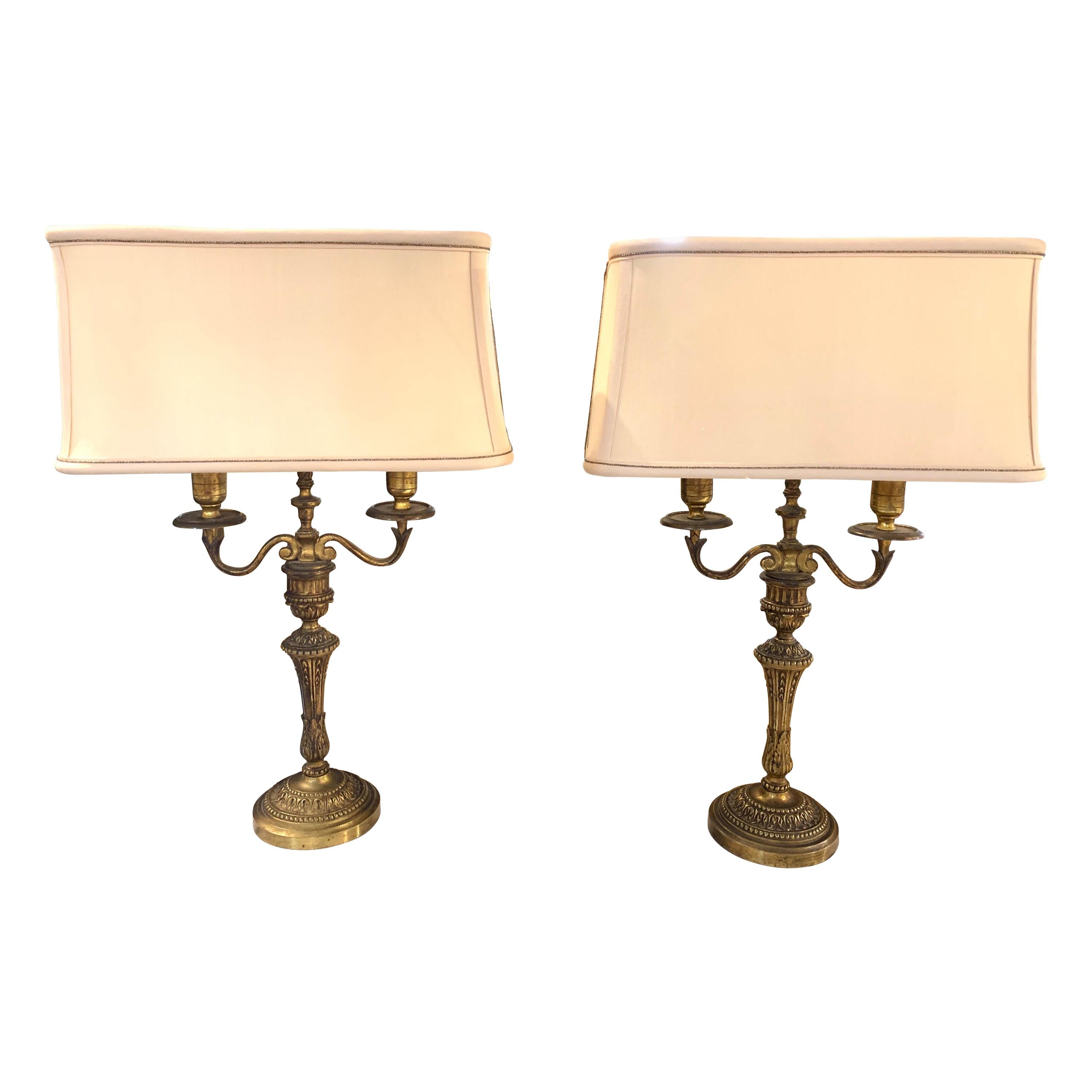 Pair of Tall Cased Glass Lamps with Silk Shades at 1stDibs