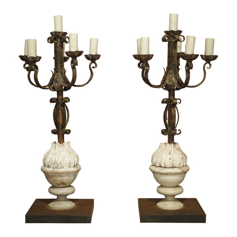 Pair of French Candelabra Lamps Made from Hand Wrought Iron and Antique ...