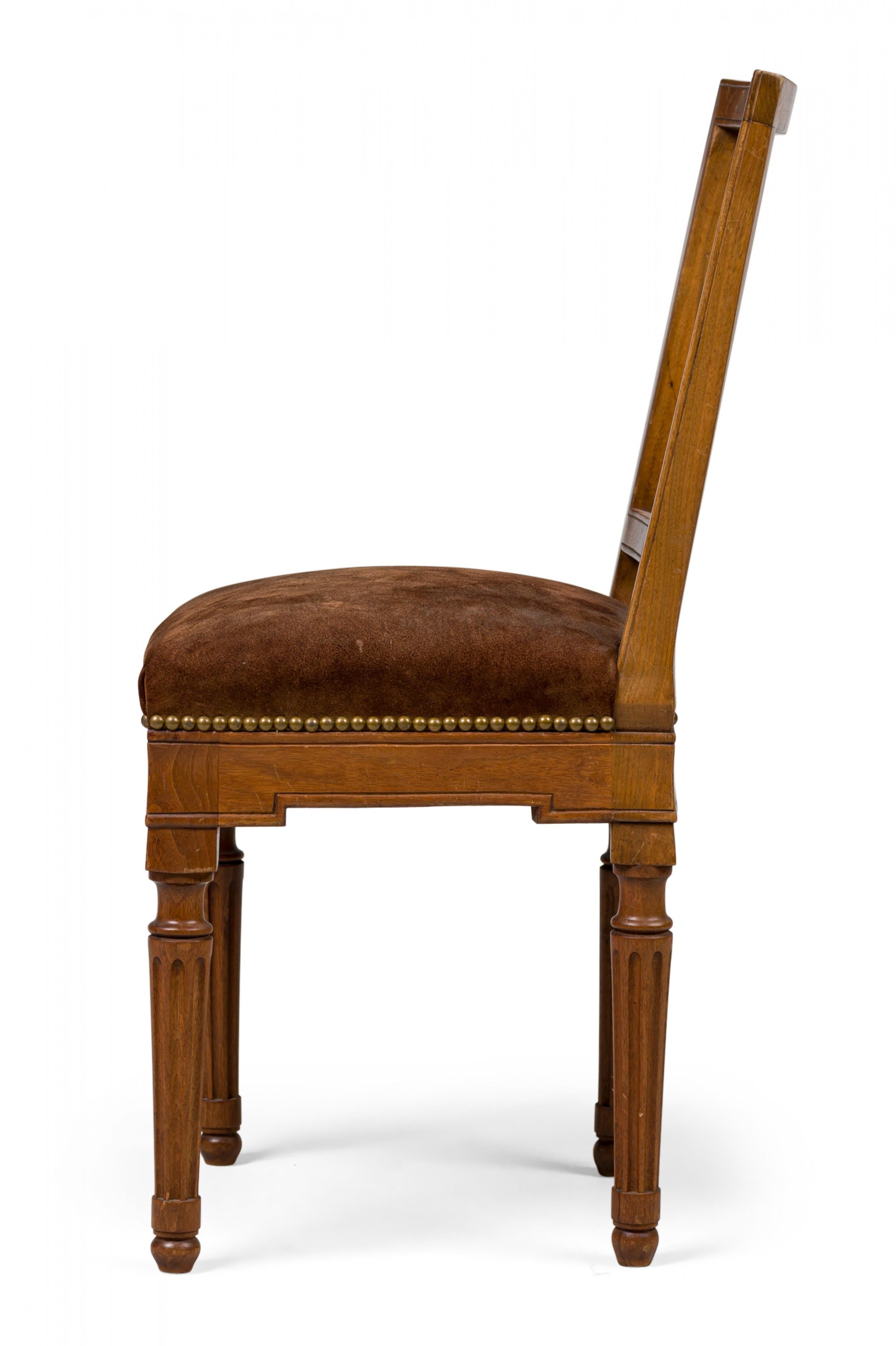 Pair of French Carved Oak Floral Medallion and Brown Velvet Side Chairs ...