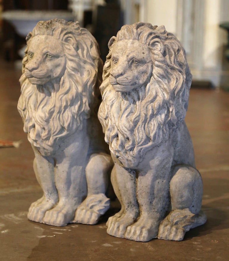 Pair of French Carved Weathered Stone Lions Sculptures Garden Statuary ...