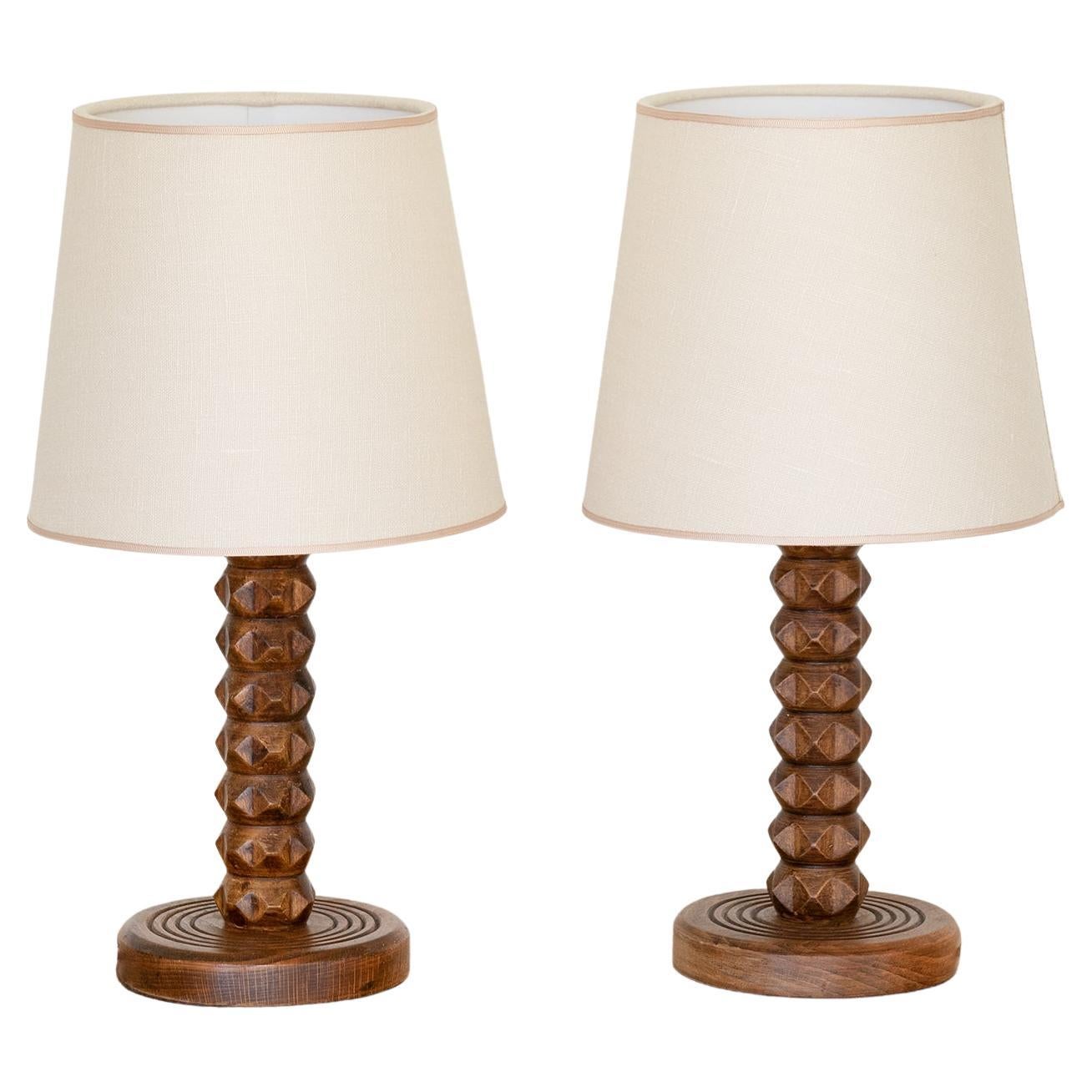 Pair of French Carved Wood Lamps by Charles Dudouyt For Sale at 1stDibs