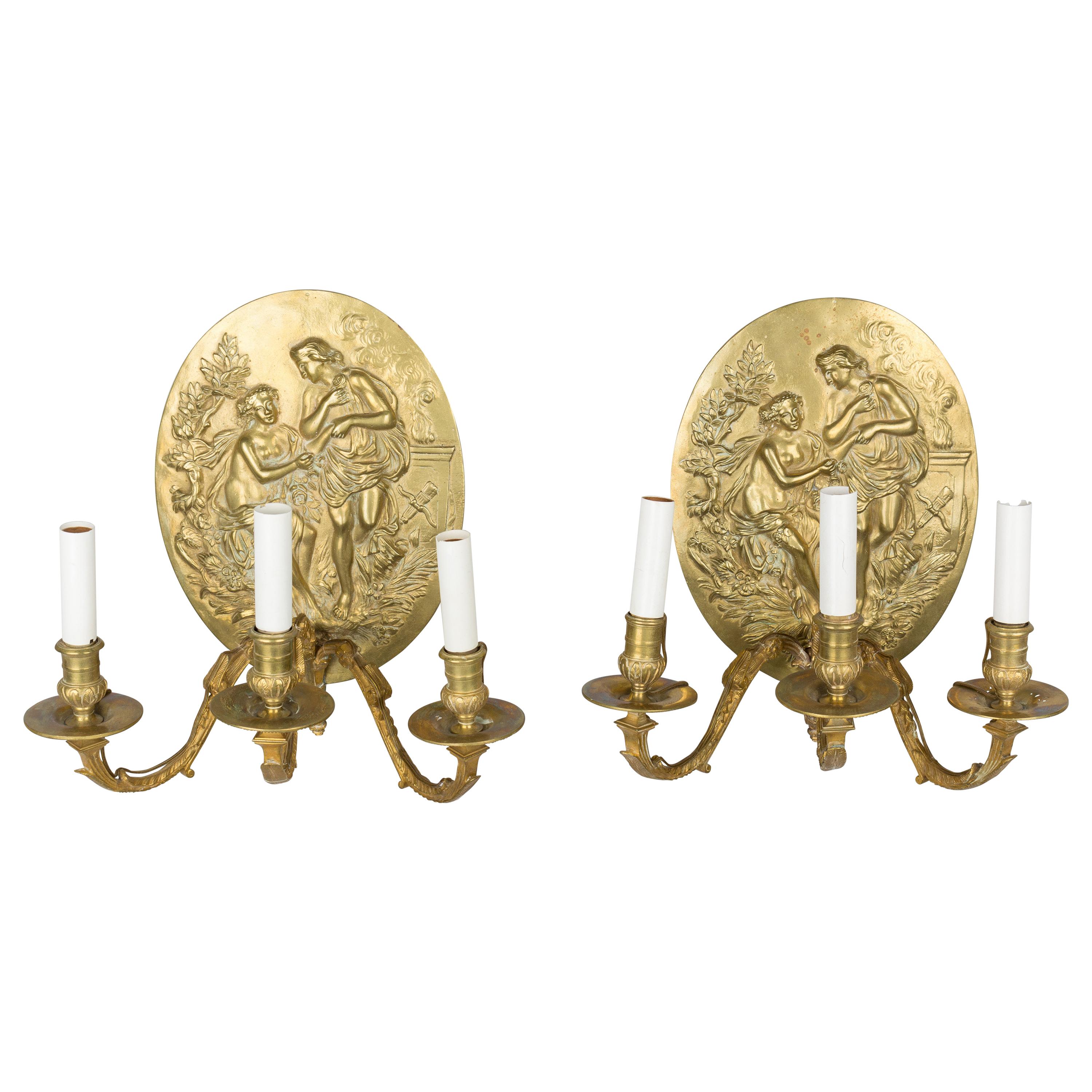 Pair of Cast Brass Torch Wall Sconce For Sale at 1stDibs