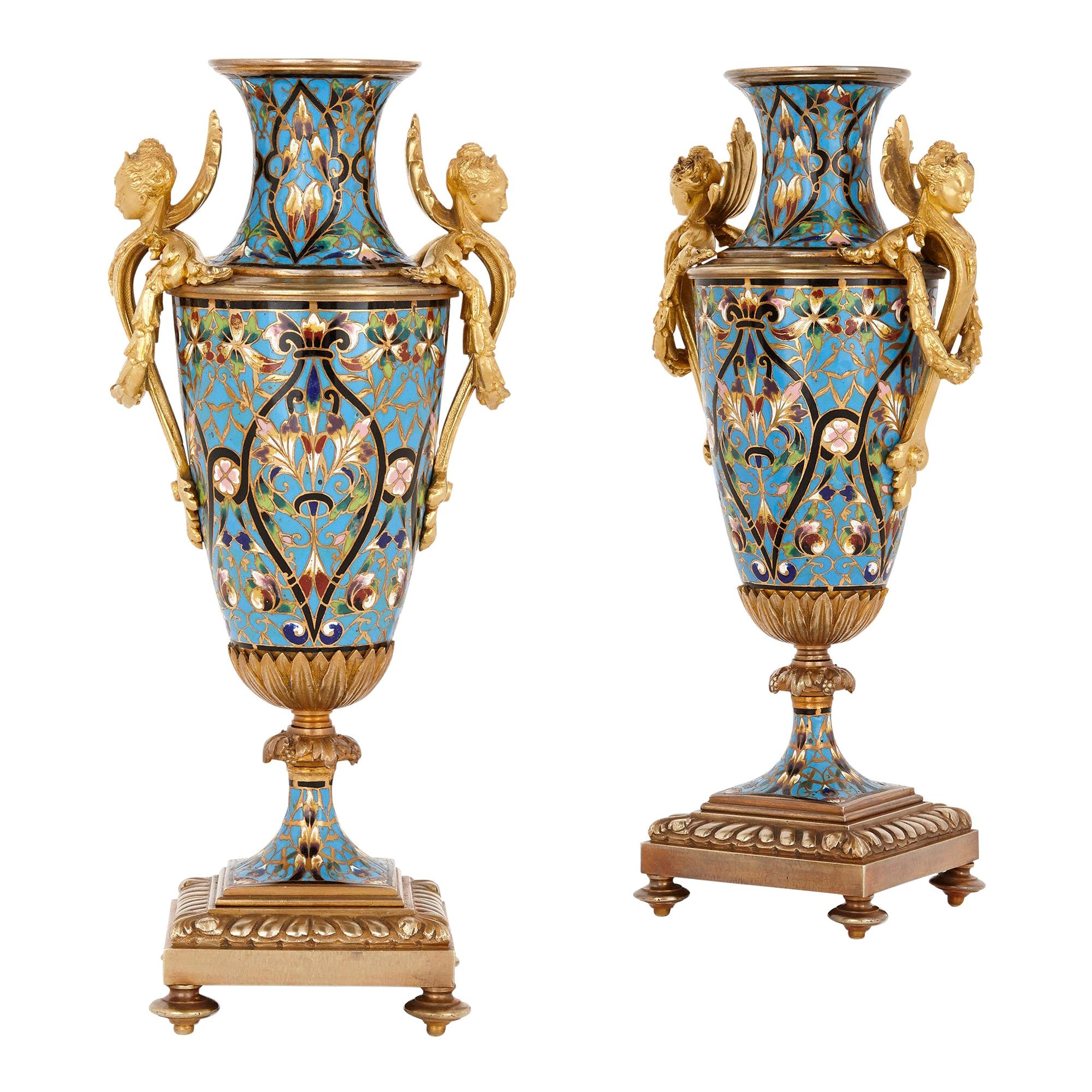Pair of French Champlevé Enamel and Gilt Bronze Vases at 1stDibs