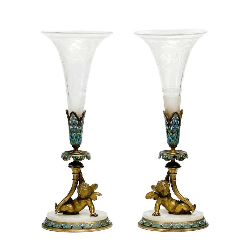 Pair of French Champlevé Enamel and Gilt Bronze Vases at 1stDibs