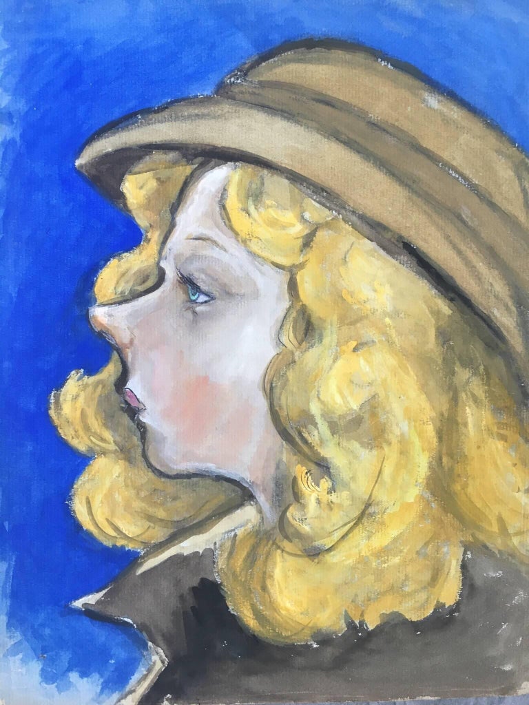 Pair of French Character Portraits, Pink and Blue Backgrounds For Sale ...