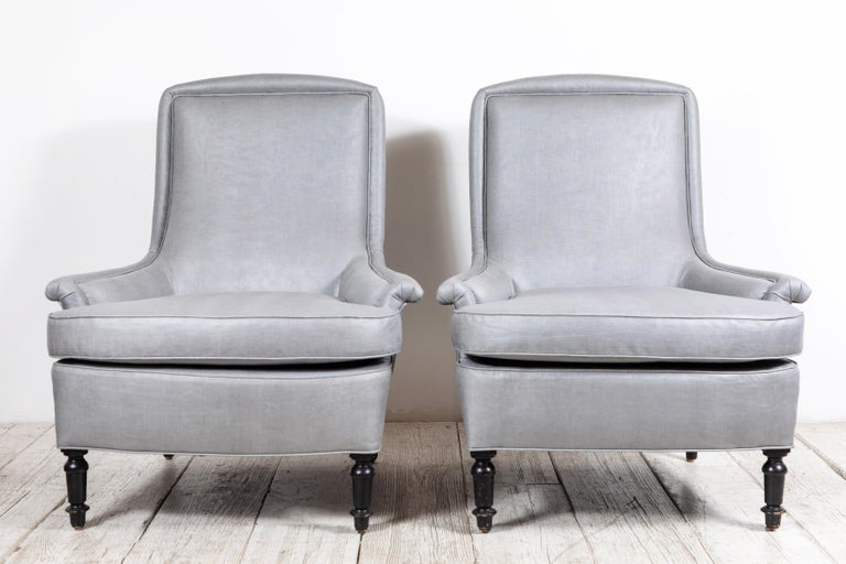 Pair of French Club Chairs Upholstered in Grey Beetled Linen Fabric at ...