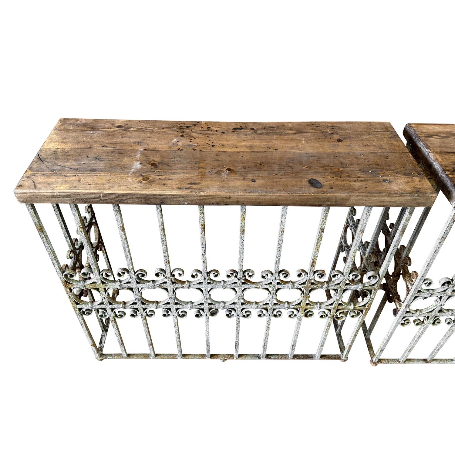 Pair of French Console Tables with Wrought Iron Bases For Sale at 1stDibs