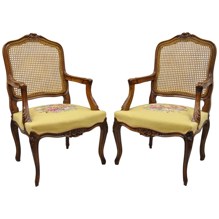 Pair of French Country Louis XV Style Cane Back Chair Needlepoint ...
