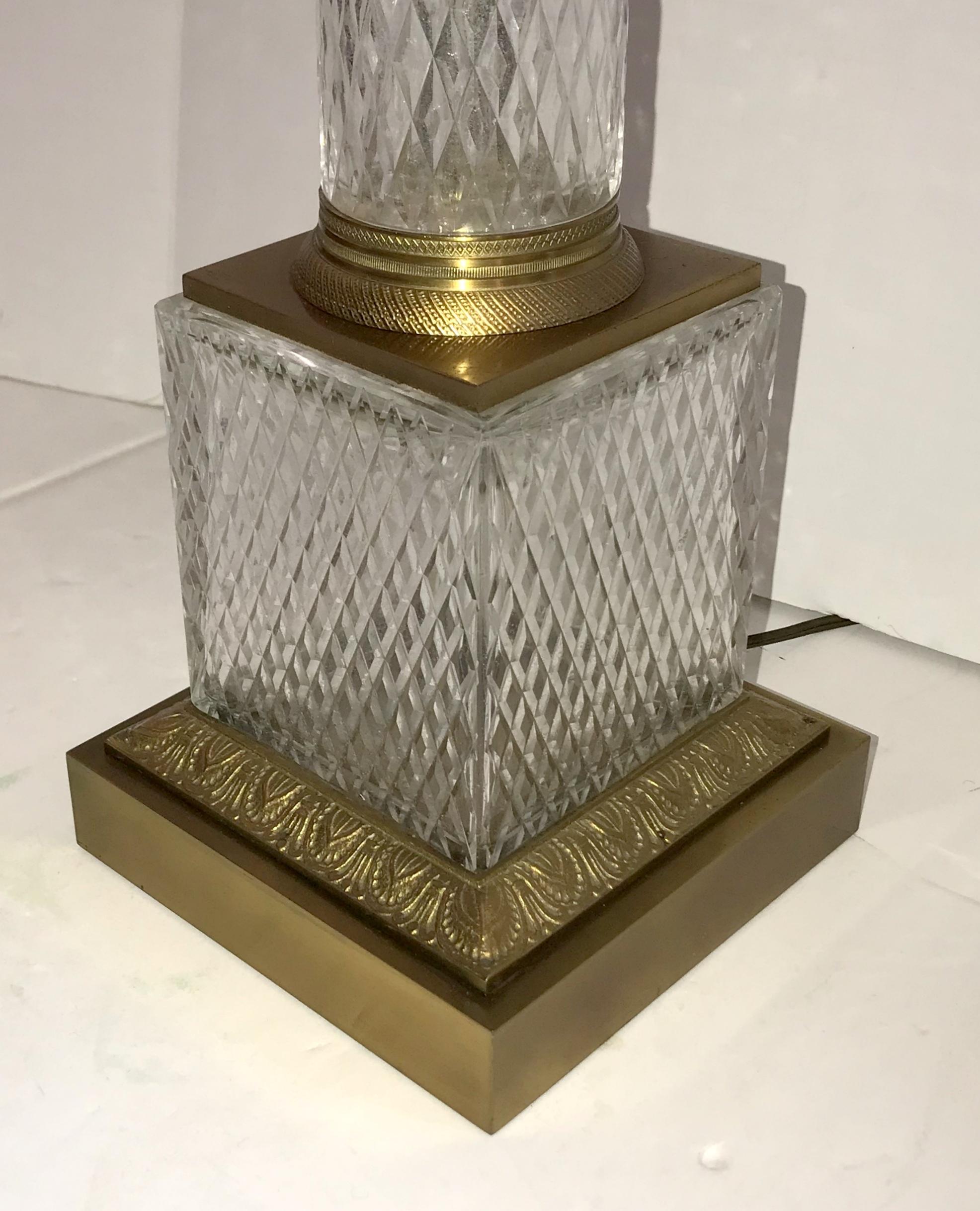 Pair of French Crystal Diamond Cut-Glass Bronze Ormolu Large Column ...