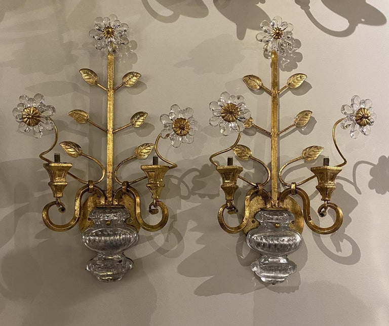 Pair of French Crystal Floral Gilt Metal Sconces, Circa 1930s For Sale ...
