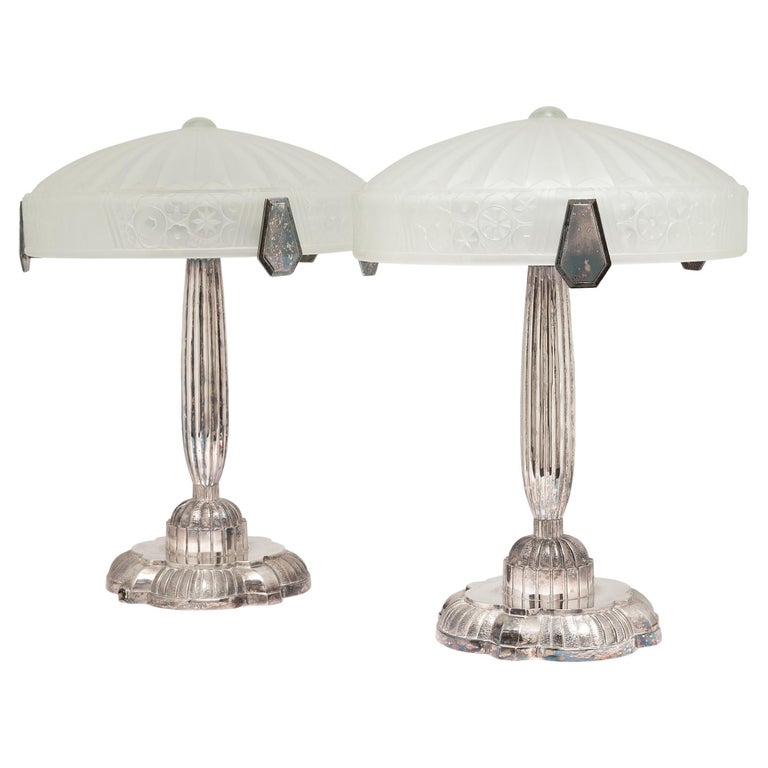 Pair of French Deco Reproduction Table Lamps with Frosted Glass Shades ...