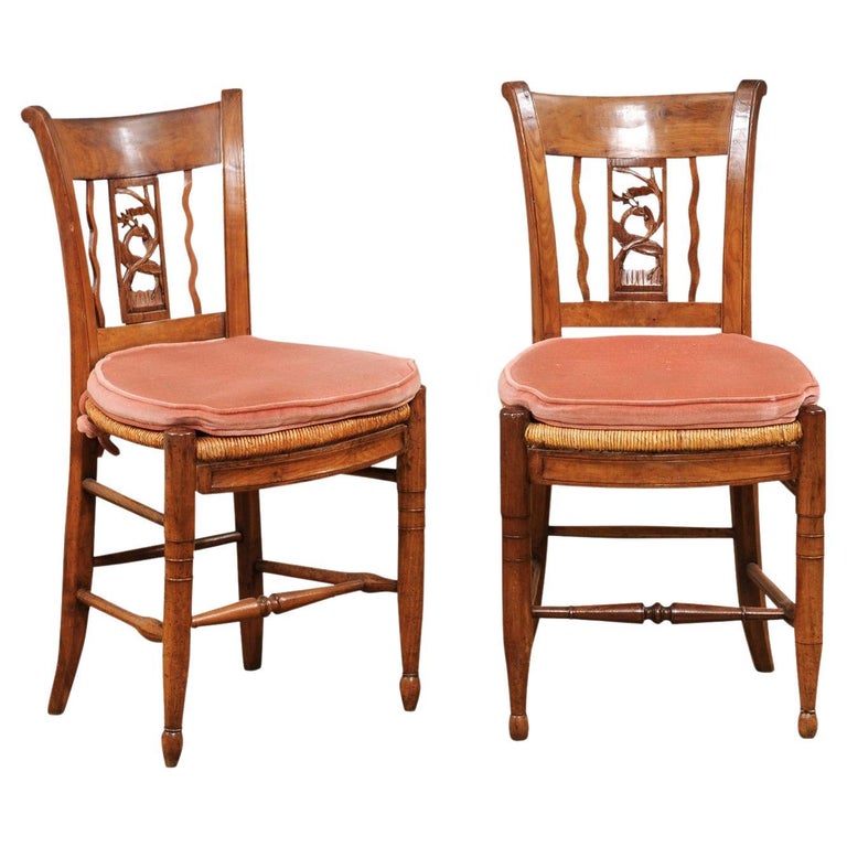 Pair of French Directoire Period Walnut Side Chairs with Carved Stags ...