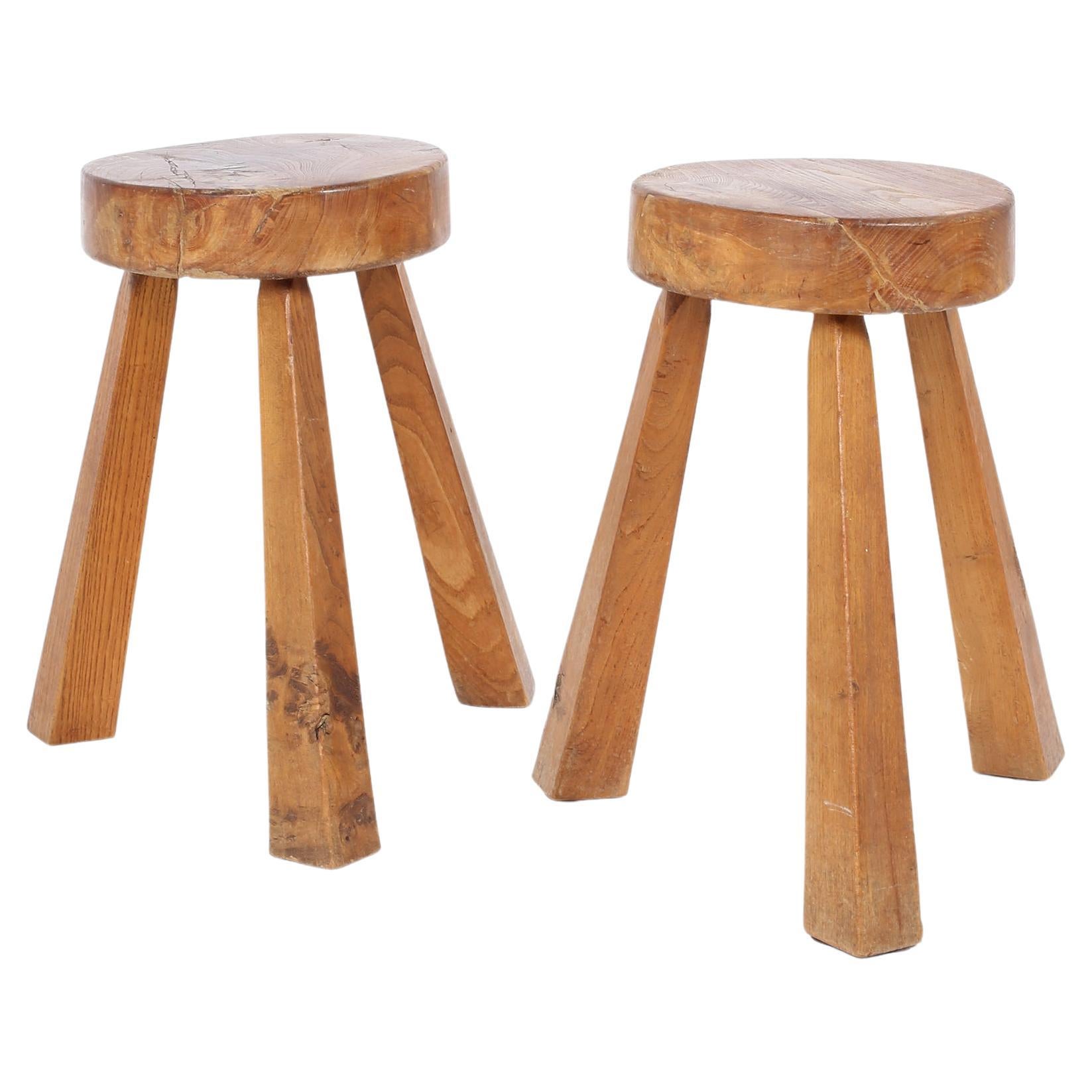 Brutalist Three Legged Stool in Carved Solid Elm, France, 1950s at 1stDibs