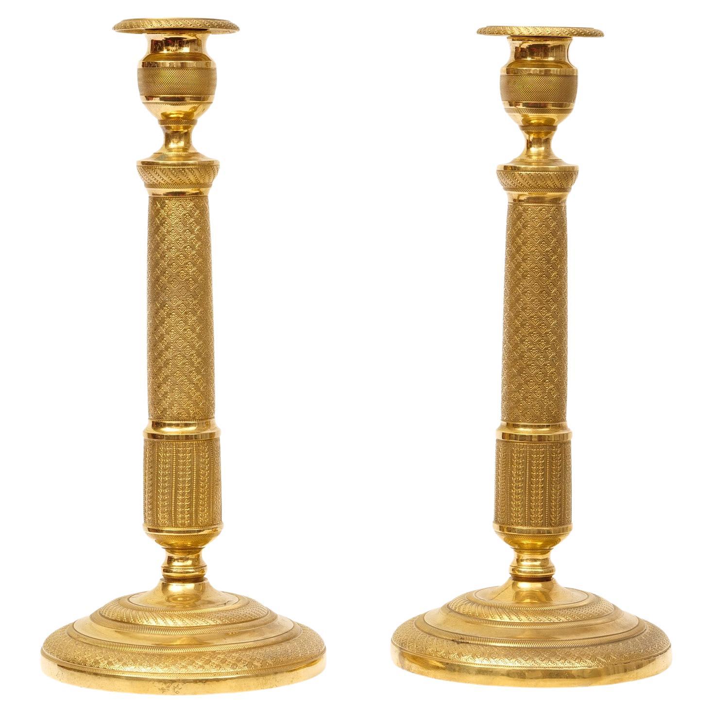 Pair of French Empire gold-plated Bronze Candlesticks For Sale at 1stDibs
