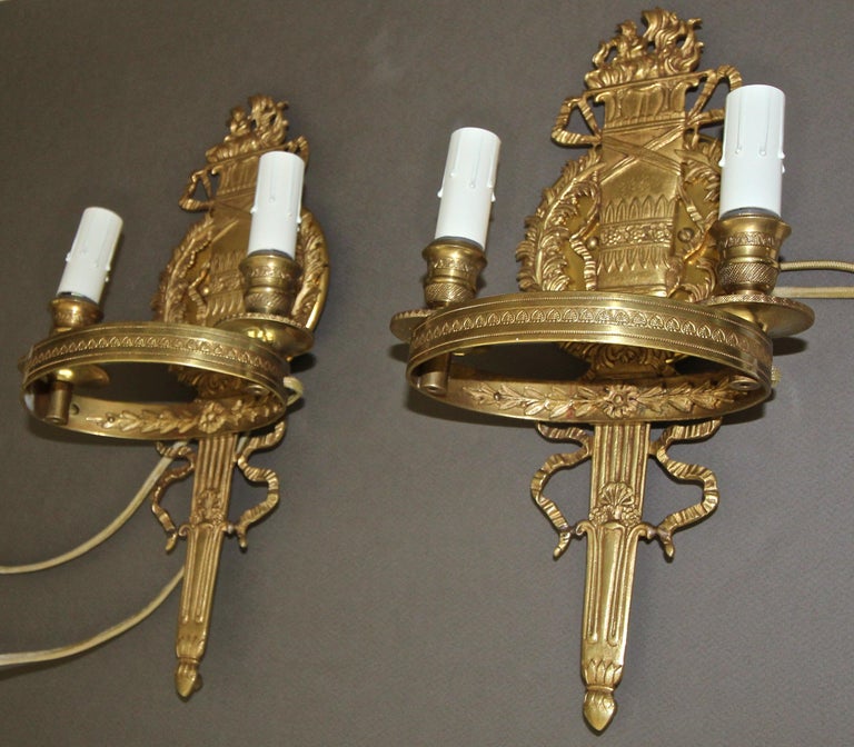 Pair of French Empire Style Brass Wall Sconces For Sale at 1stDibs