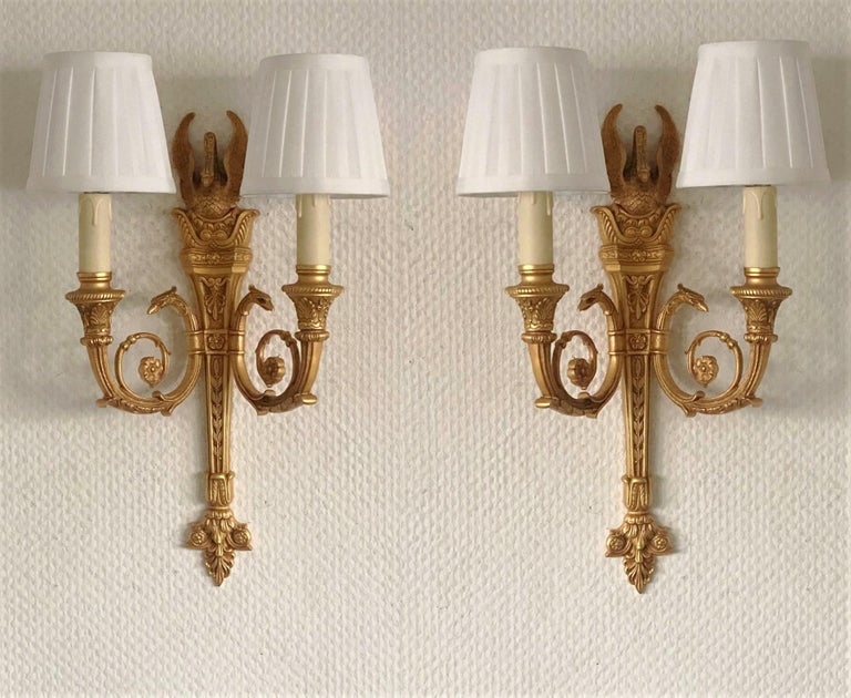 Pair of French Empire Style Gilt Bronze Two-Arm Wall Sconces, 1910-1920 ...