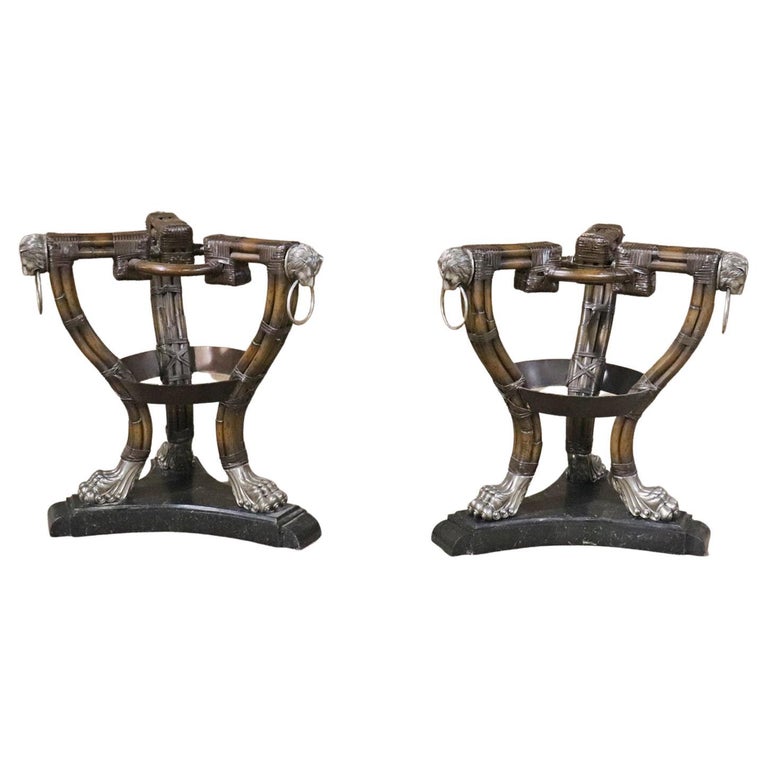 Pair of French Empire Style Maitland Smith Lion Head Bamboo Table Bases ...