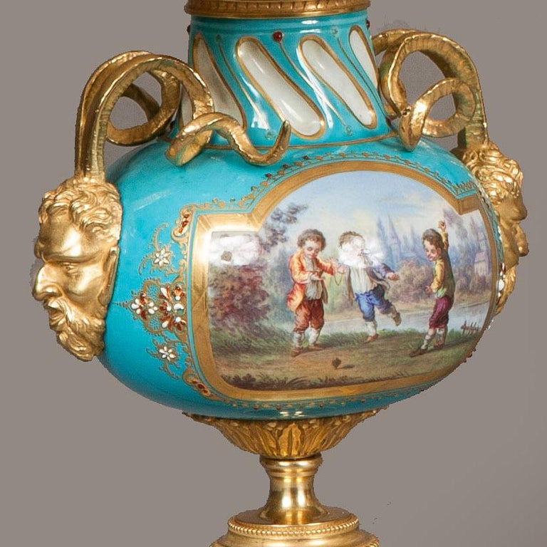 Pair of French Gilt and Blue 'Sevres' Porcelain Lamps For Sale at 1stDibs
