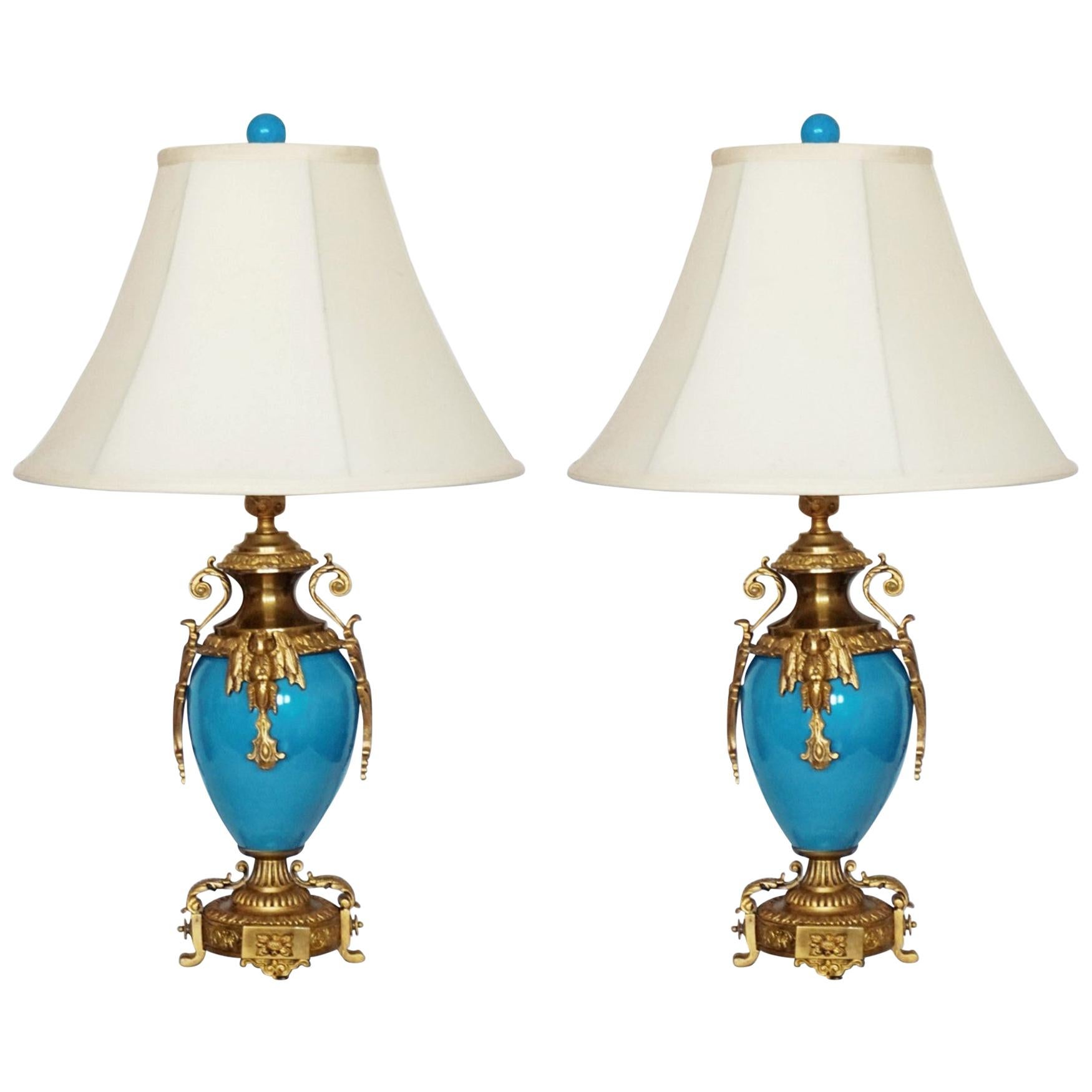 Pair of Vintage Cobalt Blue Ace Decor De Paris Porcelain Vase Table ...