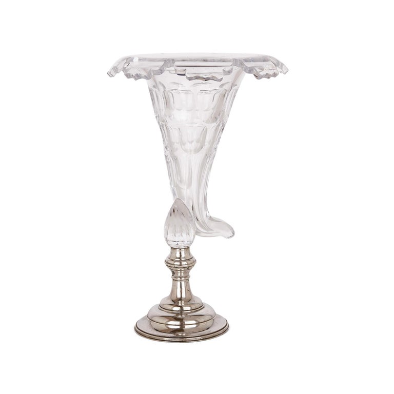 Pair of French Glass and Silver-Plate Cornucopia Vases For Sale at 1stDibs