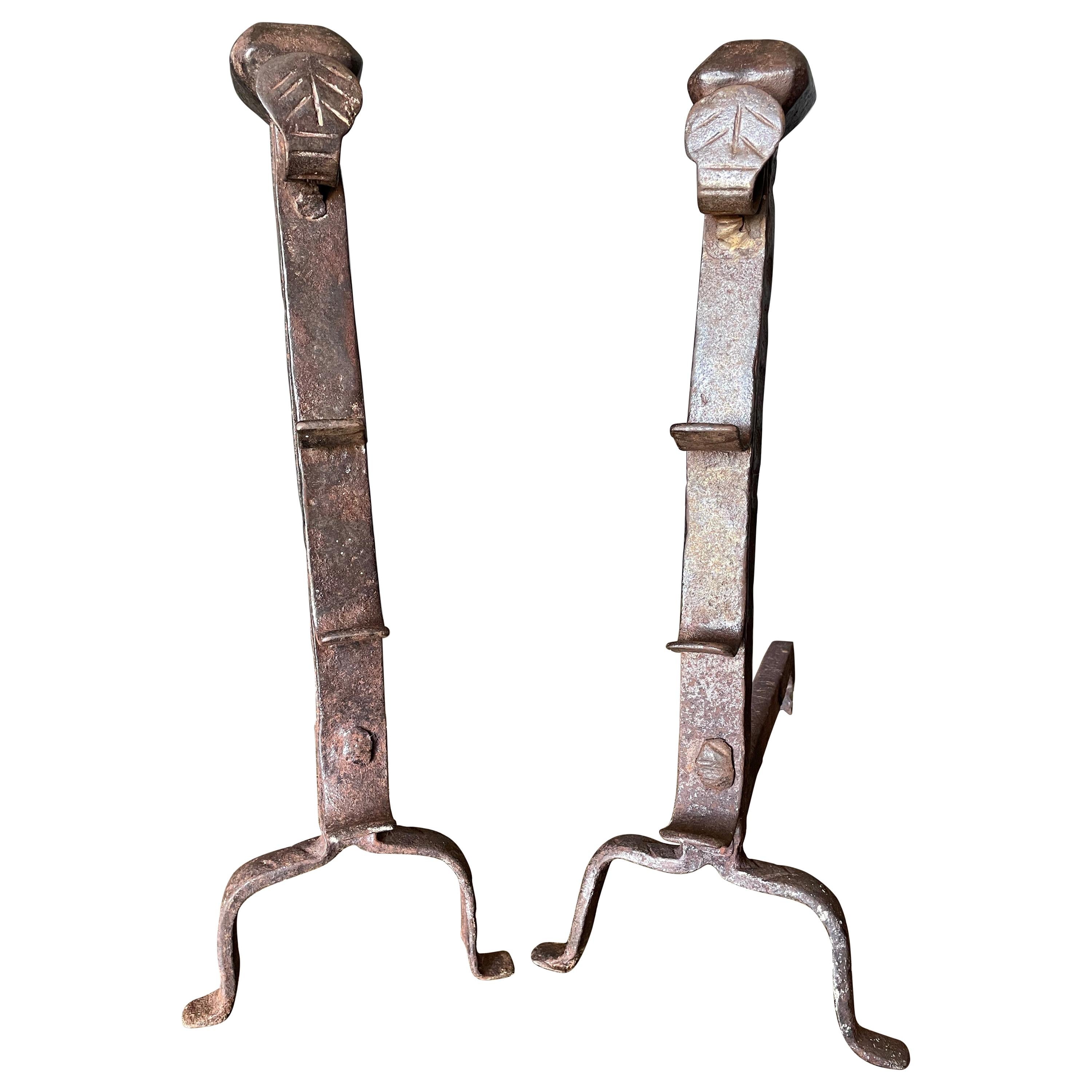 Pair of Gothic Revival Hammered Forged Iron Andirons Attributed to ...