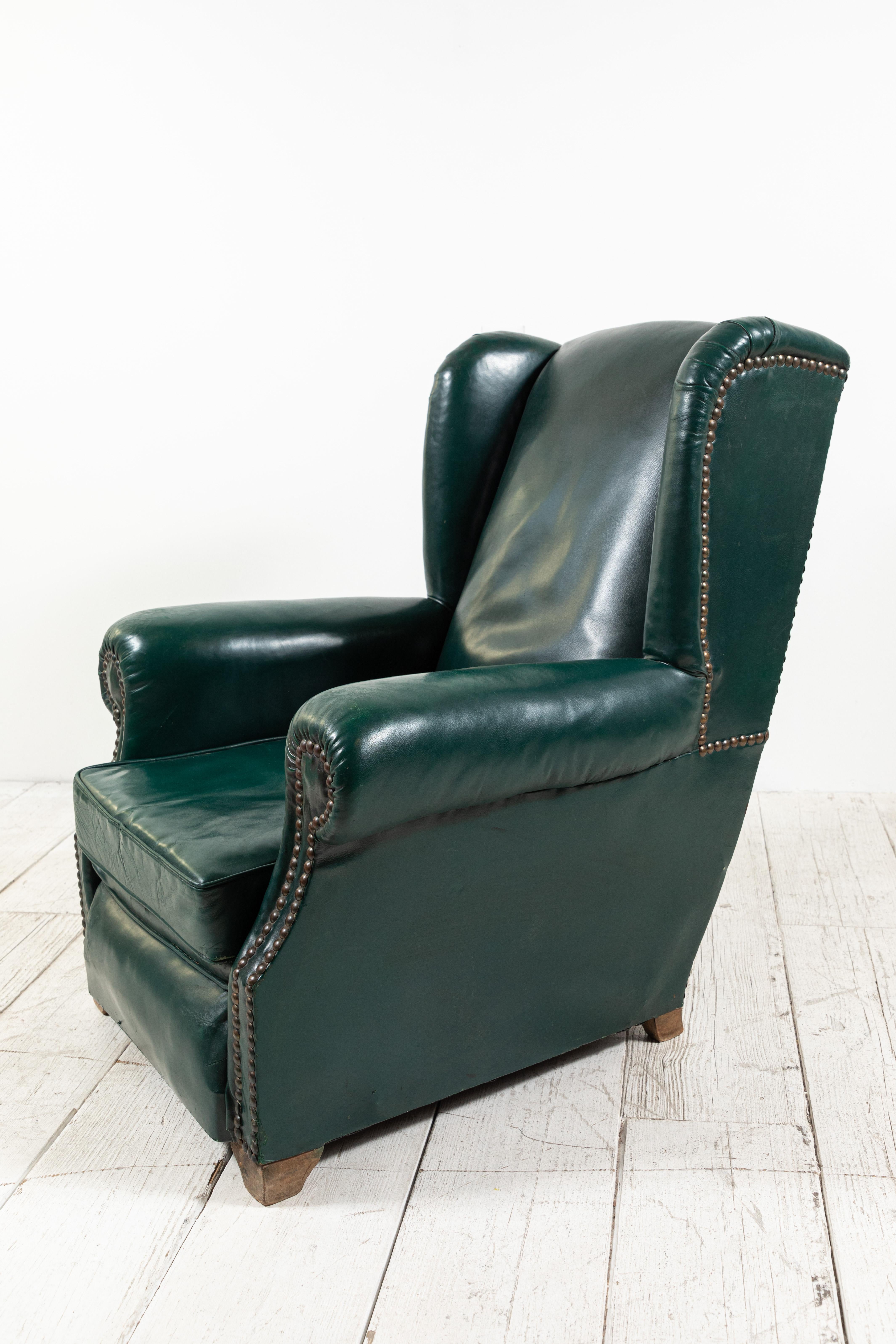 Pair of French Green Leather Wingback Chairs at 1stDibs | green leather ...