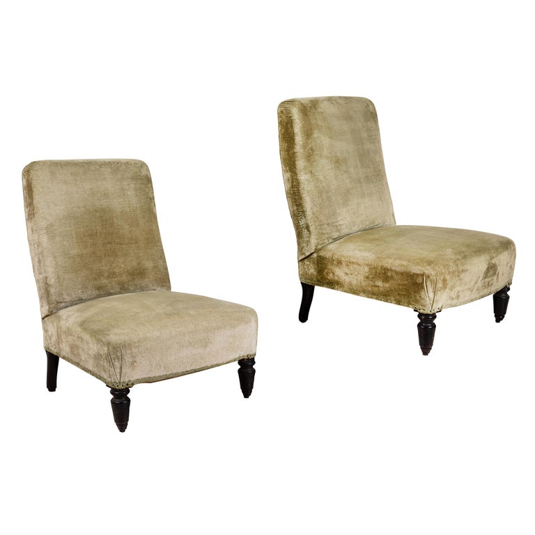 Pair of French Green Velvet Slipper Chairs at 1stDibs