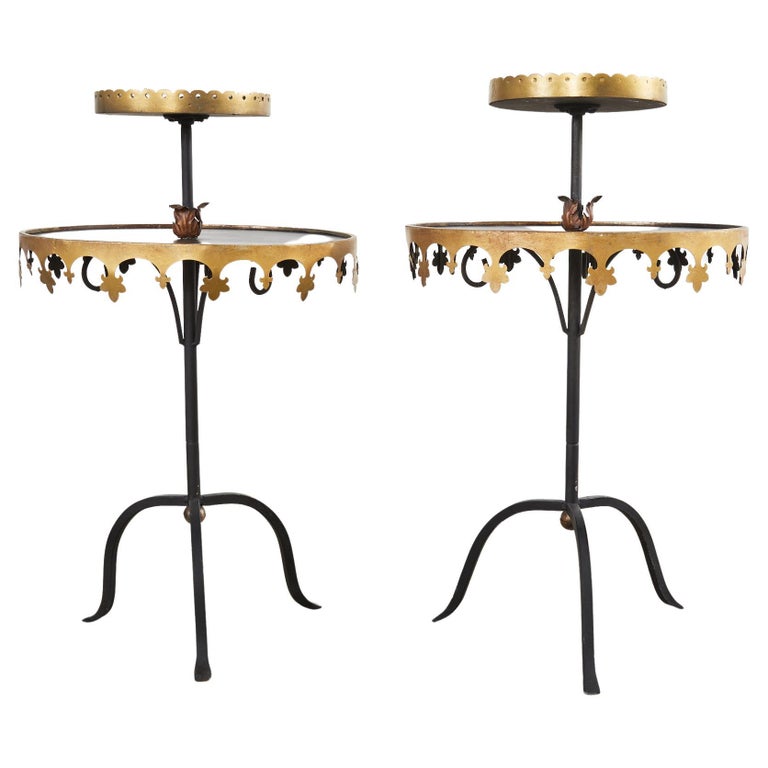 Pair of French Hollywood Regency Two Tier Iron Stands For Sale at 1stDibs