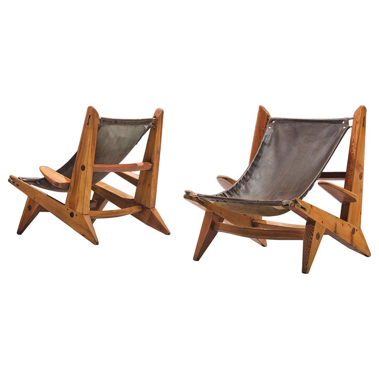 Pair of French Hunting Chairs in Pine and Leather For Sale at 1stDibs