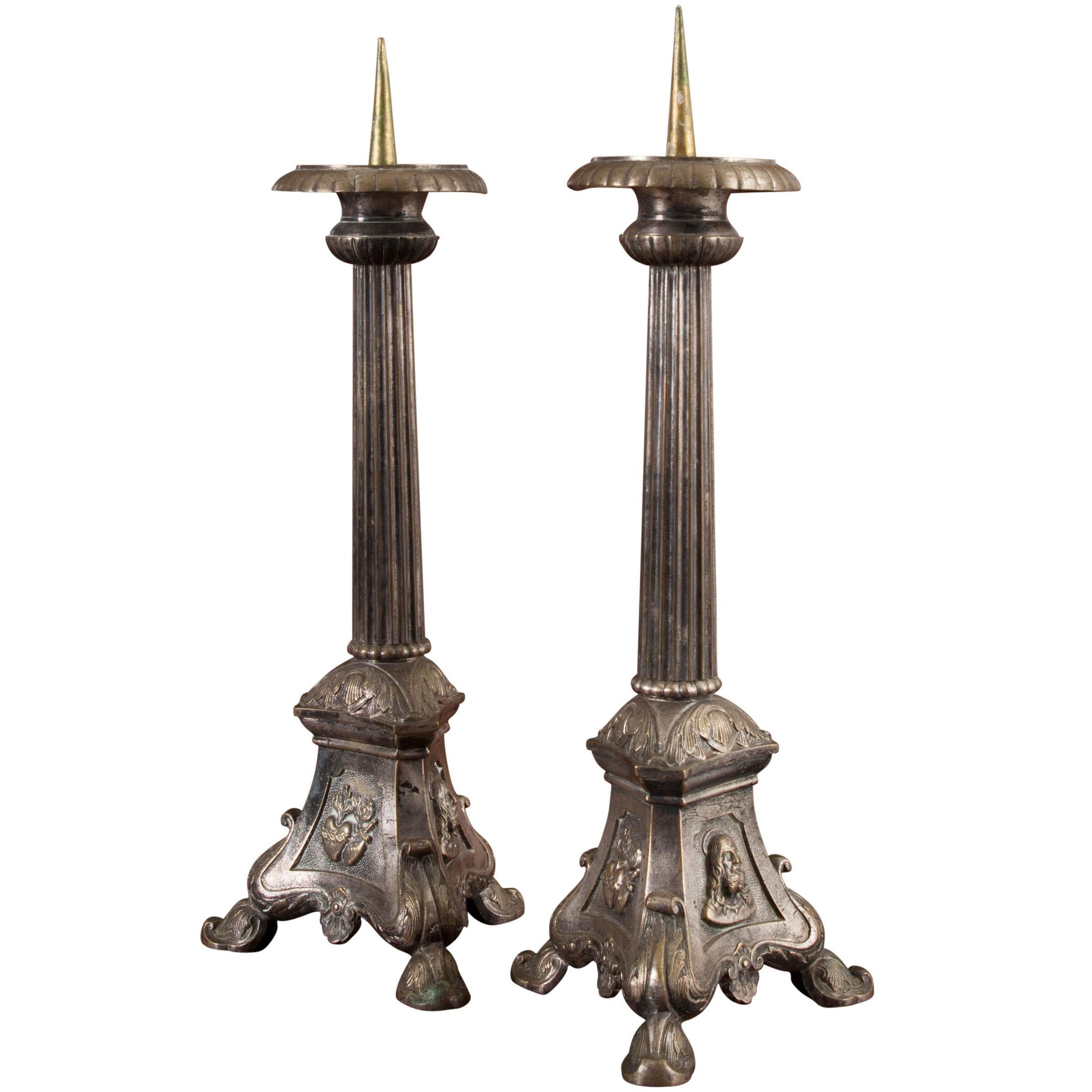 Pair of French Late 19th Century Silver Plate Altar Candlesticks at 1stDibs