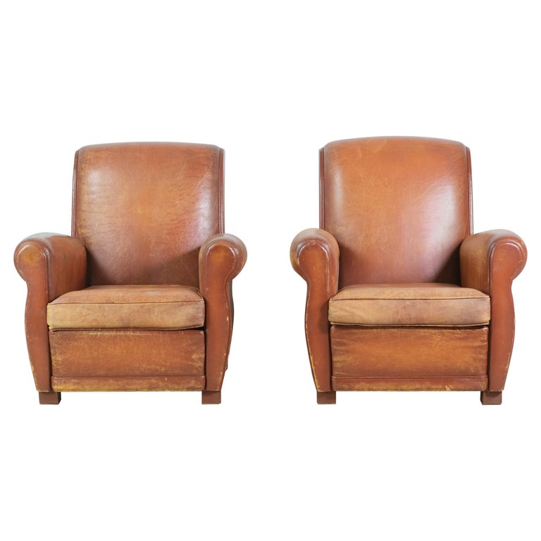 Pair of French Leather Marseilles Club Arm Chairs For Sale at 1stDibs