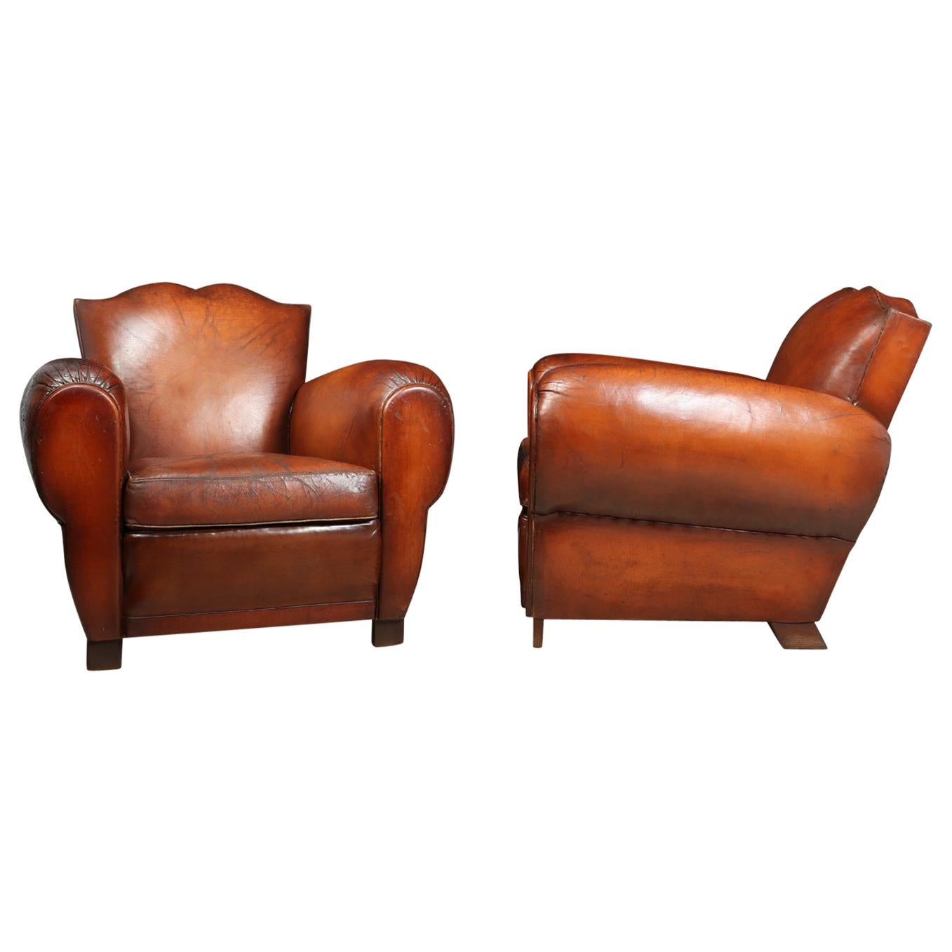 Pair of French Leather Moustache Back Club Chairs, circa 1940 at 1stDibs