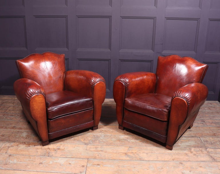 Pair of French Leather Moustache Back Club Chairs at 1stDibs