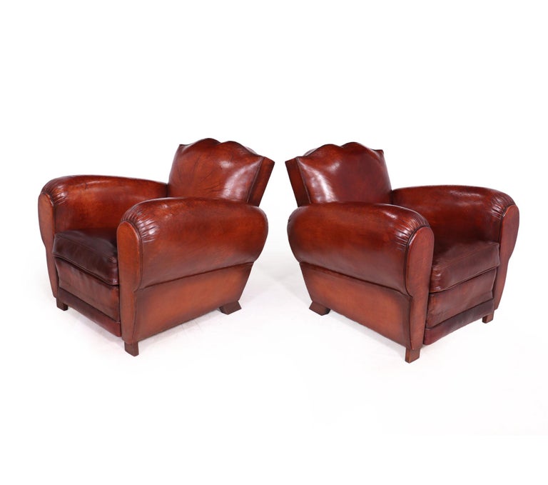 Pair of French Leather Moustache Back Club Chairs at 1stDibs