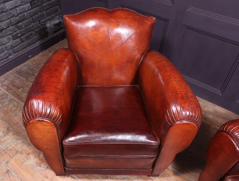 Pair of French Leather Moustache Back Club Chairs at 1stDibs