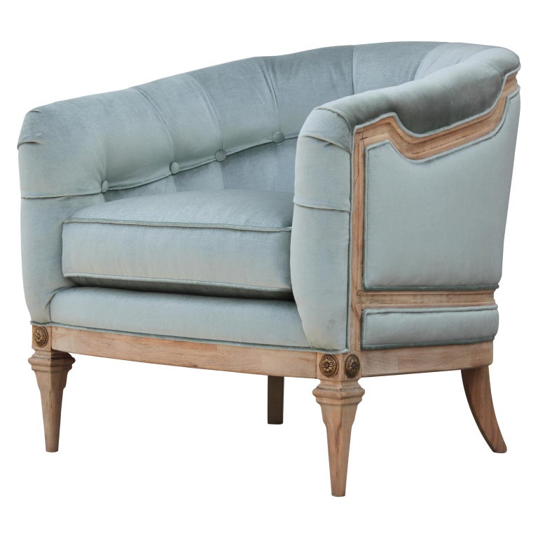Pair of French Light Blue Velvet and Neutral Finish Barrel Back Lounge ...