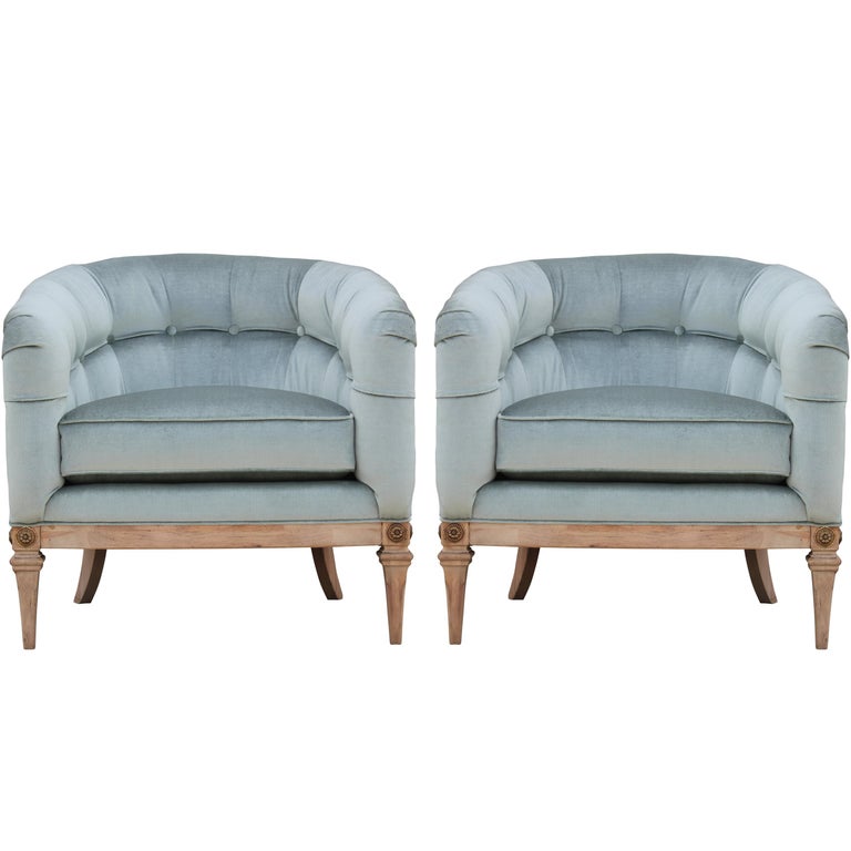 Pair of French Light Blue Velvet and Neutral Finish Barrel Back Lounge ...