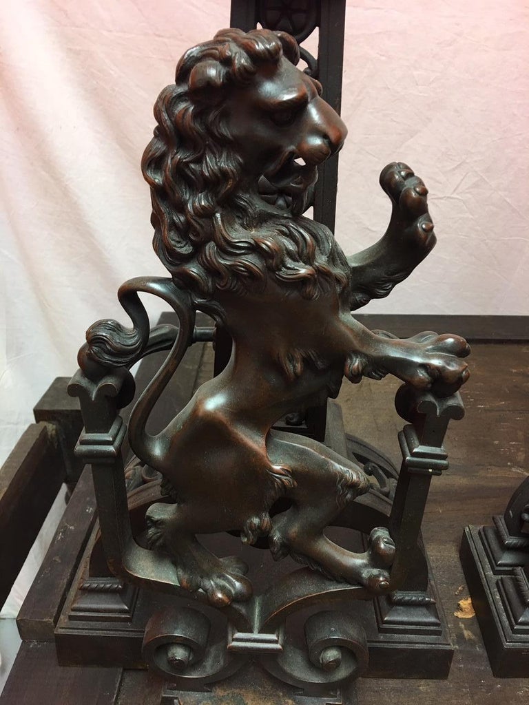 Pair of French Lion Motif Bronze Andirons, 19th Century at 1stDibs