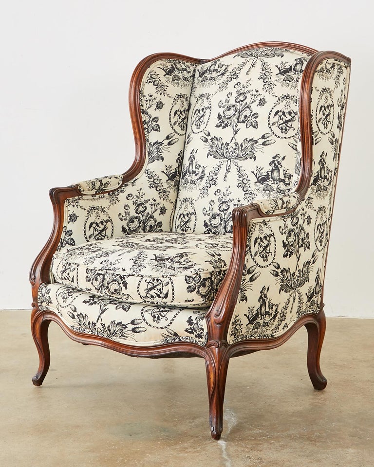 Pair of French Louis XV Style Toile Wingback Chairs at 1stDibs