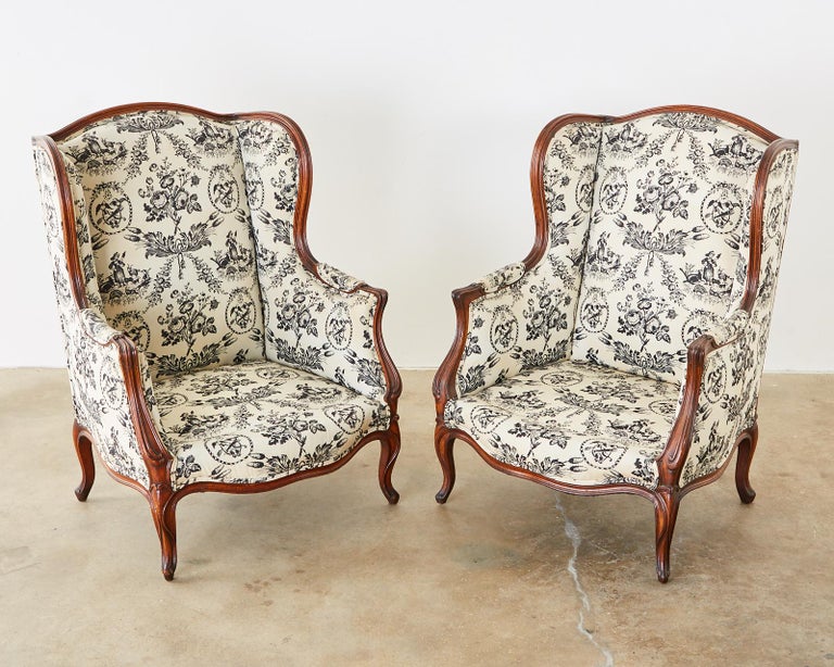 Pair of French Louis XV Style Toile Wingback Chairs at 1stDibs