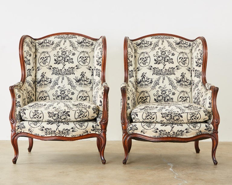 Pair of French Louis XV Style Toile Wingback Chairs at 1stDibs