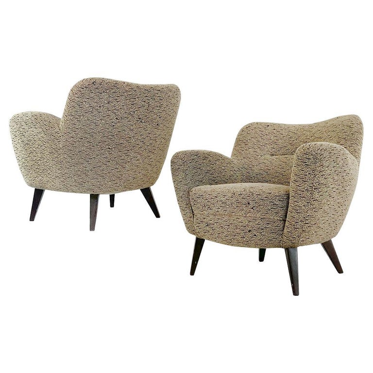 Pair of French Lounge Chairs in Oak and Bouclé Fabric, France, 1950s ...