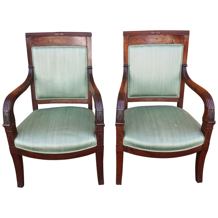 Pair of French Mahogany Charles X Upholstered Armchairs at 1stDibs