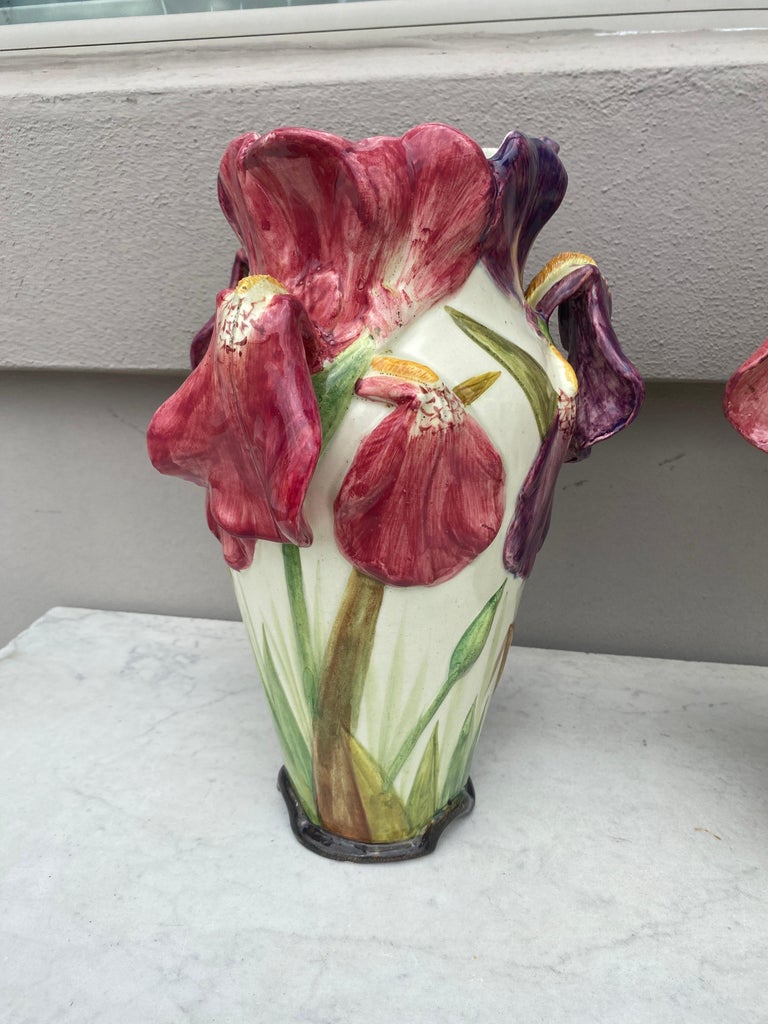 Pair of French Majolica Iris Vase Delphin Massier, circa 1880 For Sale at 1stDibs