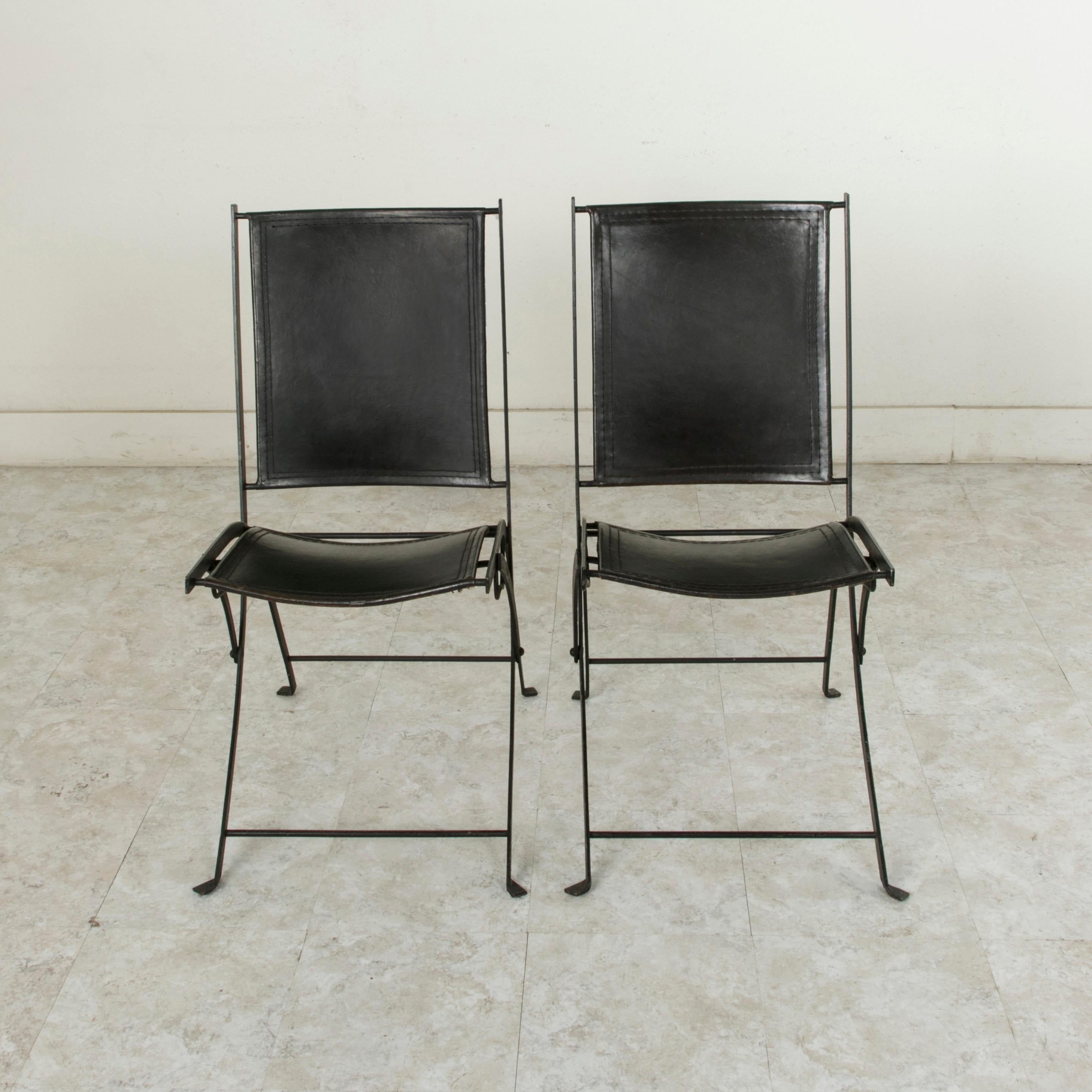Pair of French Midcentury Black Iron Folding Chairs with Leather Sling ...