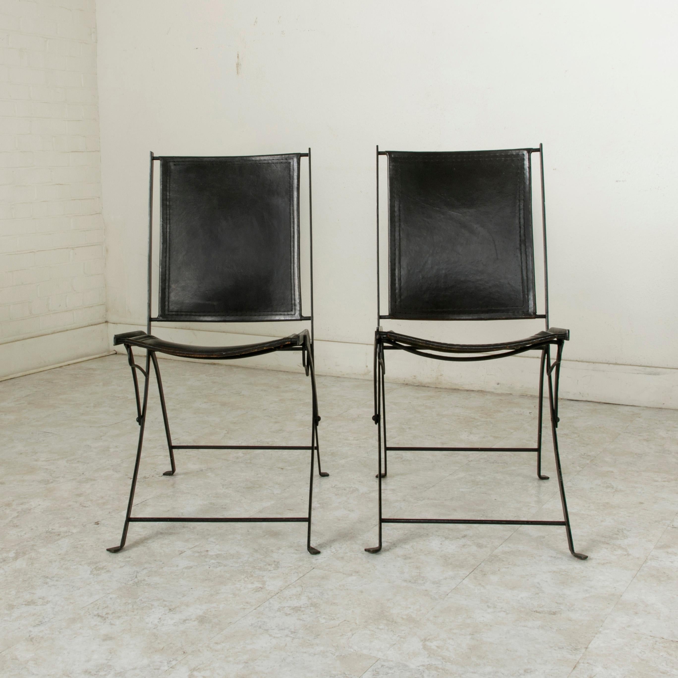 Pair of French Midcentury Black Iron Folding Chairs with Leather Sling ...