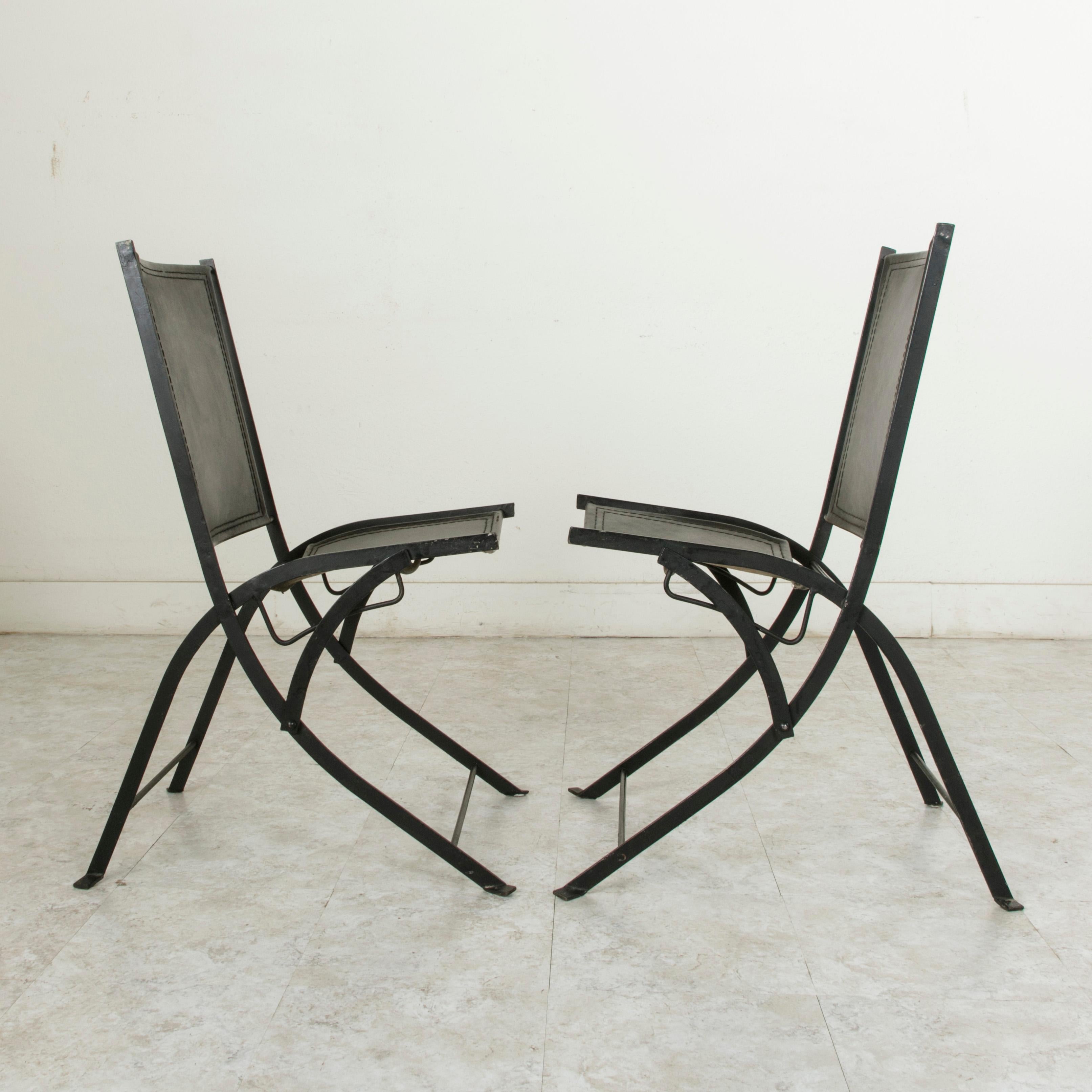 Pair of French Midcentury Black Iron Folding Chairs with Leather Sling ...