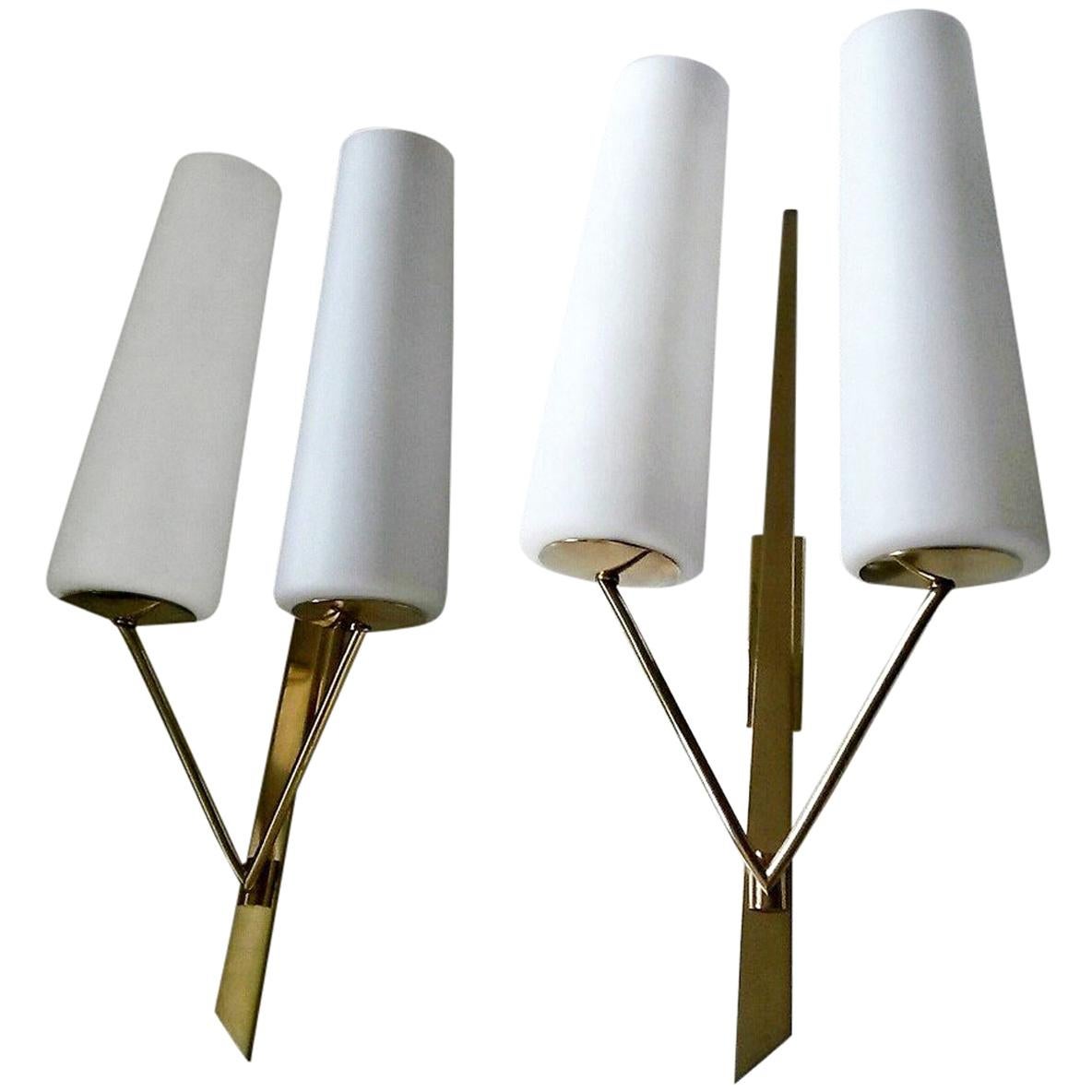 Pair of French Mid-Century Modern, Double Bronze Sconces by Lunel at ...